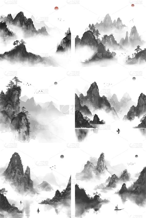 中国风通用水墨山水组合元素素材