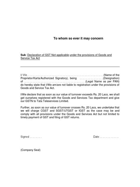 To Whom So Ever It May Concern Sub Declaration Of Gst Not Applicable Under The Provisions Of
