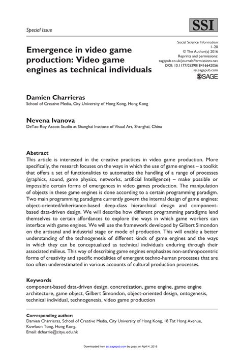 Pdf Emergence In Video Game Production Video Game Engines As Technical Individuals