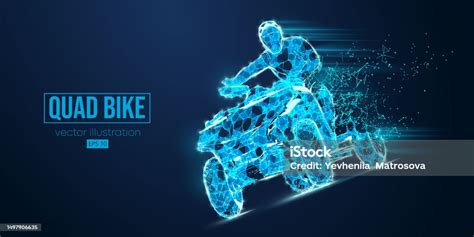 Atv 쿼드 바이크의 추상적인 와이어프레임 실루엣 파란색 배경에 삼각형과 입자로 만든 모든 지형 차량이 격리되어 있습니다