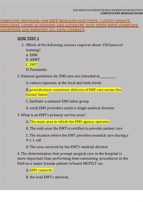COMPLETE TESTBANK FOR EMT MODULES QUIZ TESTS LATEST UPDATE OVER GENUINE AND