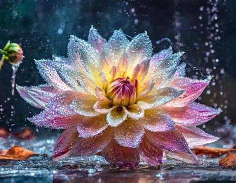 Exploding Frozen Dahlia Flower Petals On Stilllife Backdrop Artistic