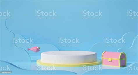 받침대 우승자 디스플레이 제품 무대 디자인을 위한 보물 상자가 있는 파란색 파스텔 배경 장면에 흰색 포디움 스탠드의 추상3d 렌더링 스튜디오 룸에서 최소한의 여름 재미를