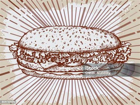 햄버거 또는 햄버거 벡터 로고 디자인 서식 파일을 스케치 합니다 패스트 푸드 레스토랑 아이콘 손으로 그린된 빈티지 일러스트 포스터 고기에 대한 스톡 벡터 아트 및 기타