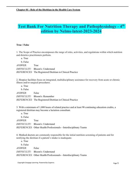 Test Bank For Nutrition Therapy And Pathophysiology 4th Edition By Nelms Latest Nutrition