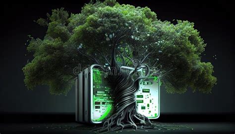 Growing Tree On Converging Point Of Computer Circuit Board Nature With