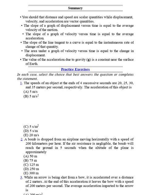 1d Kinematics Exercises Pdf Velocity Acceleration