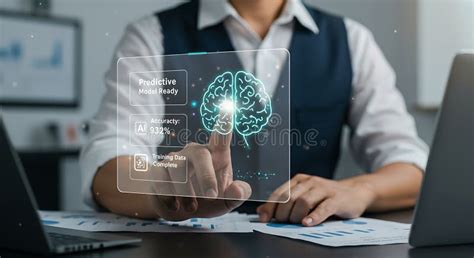 Man Interacting With Ai Brain Interface Analyzing Data On Digital Screen Stock Illustration