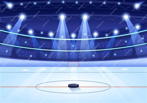 그림에서 게임 또는 챔피언쉽을 위해 얼음 표면에 퍽과 스케이트가 있는 아이스하키 선수 스포츠 프리미엄 벡터