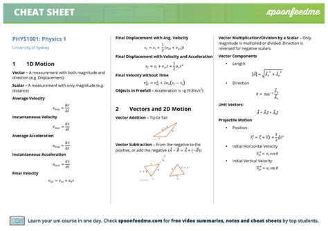 PHYS1001 Physics 1 Cheatsheet CHEAT SHEET PHYS1001 Physics 1 Final Displacement With Avg