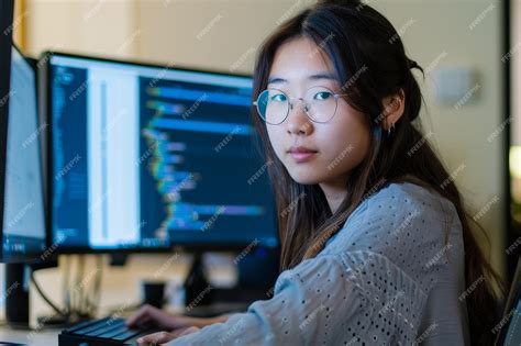 Premium Photo An Asian Woman Sits In Front Of A Computer Monitor