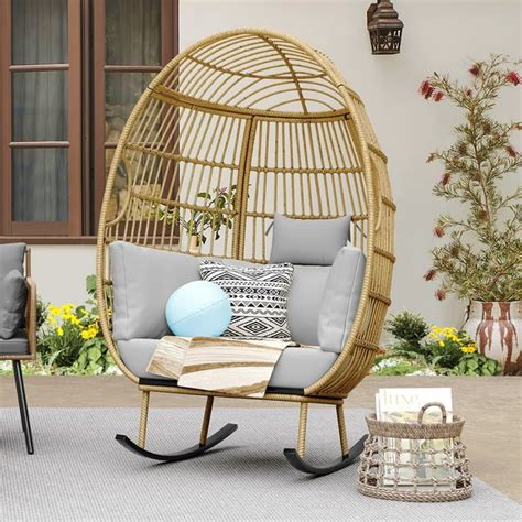 Dwvo Rattan Metal Outdoor Rocking Egg Chair Wicker Patio Swivel Basket Chair Grey