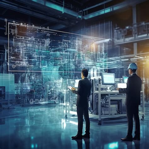 Premium Ai Image Factory Digitalization Two Industrial Engineers Use Tablet Computer Big Data