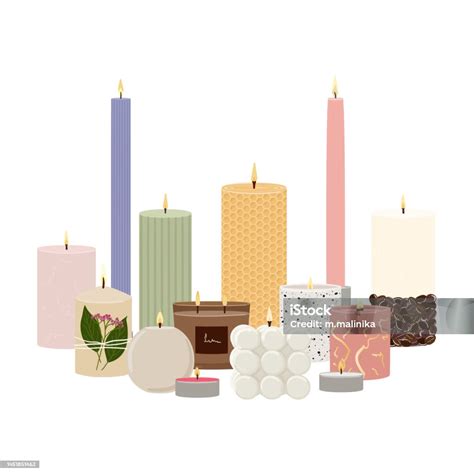 향기로운 불타는 양초 세트가 함께 서 있습니다 밀랍 파라핀 콩 항아리와 기둥에 코코넛 왁스 양초 아로마 캔들 컬렉션 제로 웨이스트 에코 선물 손으로 벡터 일러스트 레이 션