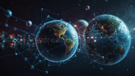 Digital Global Network With Connected Earth And Nodes In Futuristic Space Environment Stock