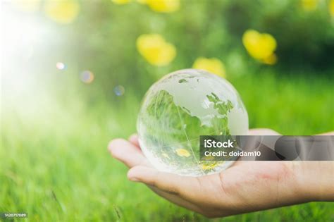 생태 환경 숲의 녹색 자연 배경에서 햇빛을 가진 지구 구체 결정 또는 지속 가능한 지구 유리를 들고있는 인간의 손 환경 보전 보호 행성의 개념 개념에 대한 스톡 사진 및