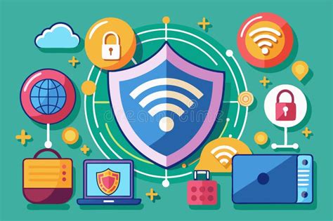 This Illustration Presents Various Wi Fi Security Features Along With Modern Technology Symbols