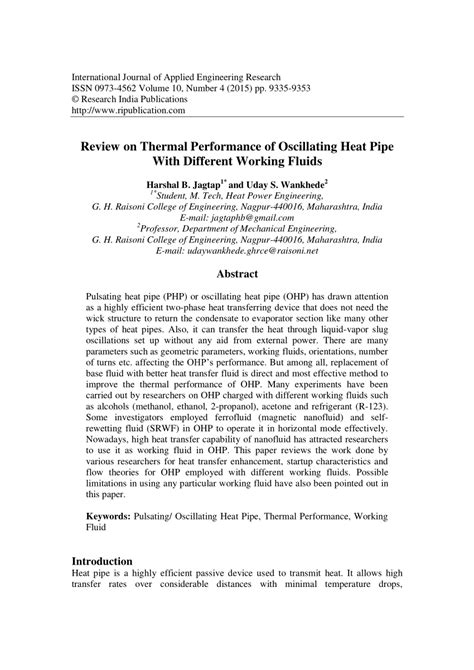 Pdf Review On Thermal Performance Of Oscillating Heat Pipe With