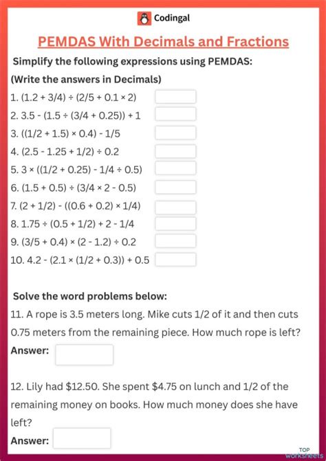 M G05m10l26 We01 Pemdas With Decimals And Fractions 5 Interactive Worksheet Topworksheets