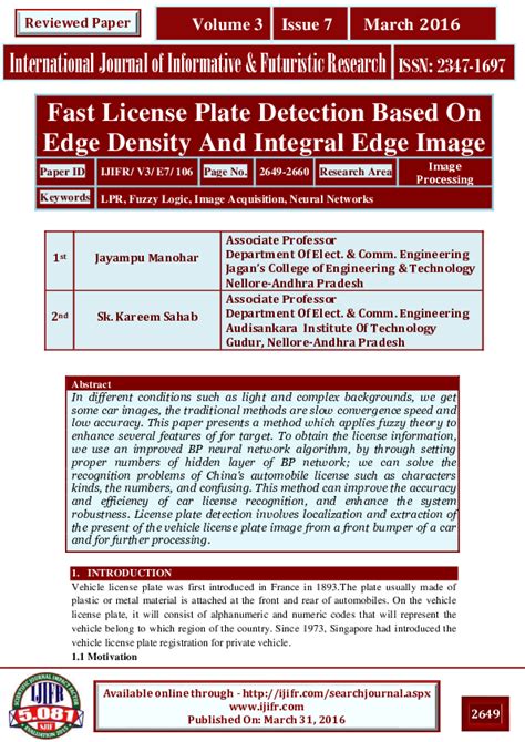 Pdf Fast License Plate Detection Based On Edge Density And Integral
