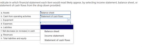 solved indicate in which financial statement each item would