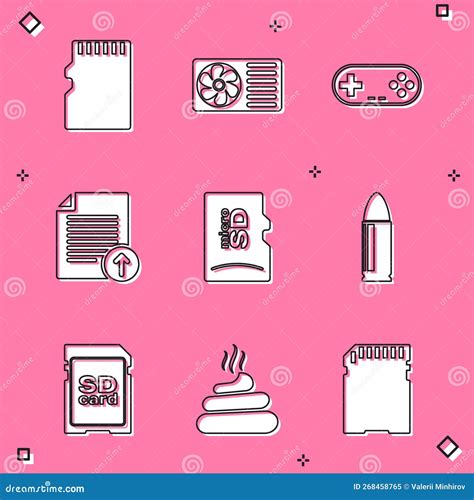 Set Micro Sd Memory Card Air Conditioner Gamepad Upload File And Bullet Icon Vector Stock