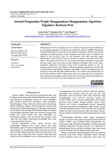 Pdf Absensi Pengenalan Wajah Menggunakan Menggunakan Algoritma