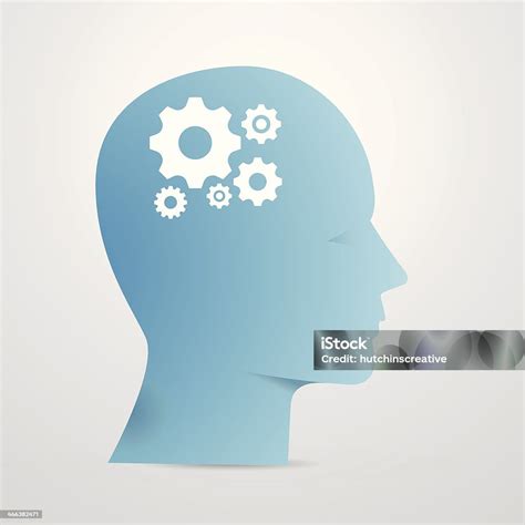 블루 벡터 헤드 실루엣 Cogs 대신 뇌 기어 기계 부분에 대한 스톡 벡터 아트 및 기타 이미지 기어 기계 부분 남자