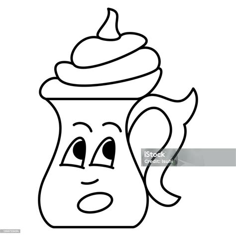 거품이 많은 음료가 있는 머그잔 휘핑 크림 거품커피 한 잔 커피숍 바 메뉴 감정이 있는 얼굴 벡터 아이콘 윤곽선 격리 개성 개념에 대한 스톡 벡터 아트 및 기타 이미지