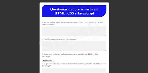 Formulário De Questionário Para Coletar Feedback Sobre Os Serviços