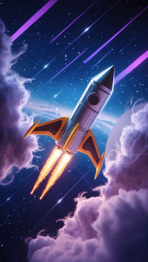 Whimsical Rocket Ship Soaring Through A Starry Night Sky With Clouds And Comets Embodying