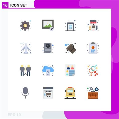 Editable Vector Line Pack Of 16 Simple Flat Colors Of Plane Airplane Mobile Shopping Shop