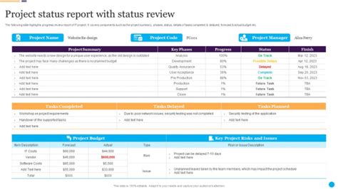 Project Status Report With Status Review Designs Pdf Powerpoint Templates