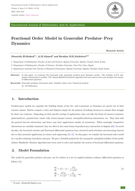 Pdf Fractional Order Model In Generalist Predator Prey Dynamics