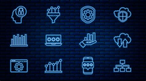 Set Line Hierarchy Organogram Chart Cloud Download And Upload Shield With Settings Gear Laptop