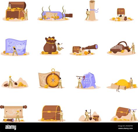 Treasure Hunt Flat Icons Set With Old Chests Scroll Compass Map And