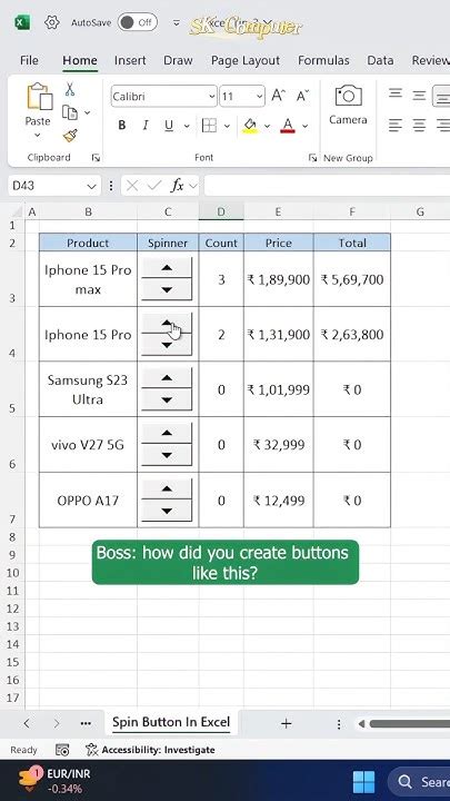 😱 Spin Button In Excel Shorts Exceltricks Shorts Youtube