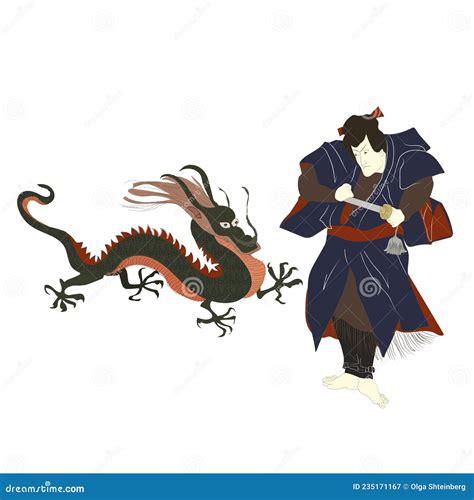 Chinese Dragon And Samurai Traditional Asian Culture Symbol Of Power