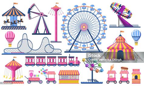 놀이 공원 서커스 축제 텐트 롤러 코스터 기차 관람차 및 카니발 회전 목마 키즈 엔터테인먼트 파크 벡터 일러스트 세트 바퀴에 대한 스톡 벡터 아트 및 기타 이미지 Istock