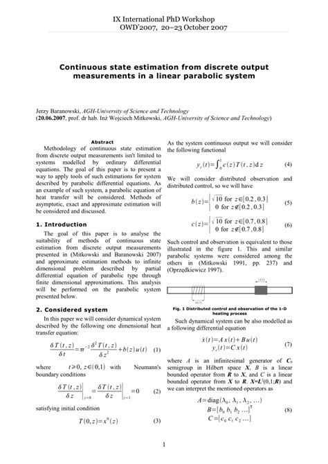 Pdf Continuous State Estimation From Discrete Output Measurements In A Linear Parabolic System