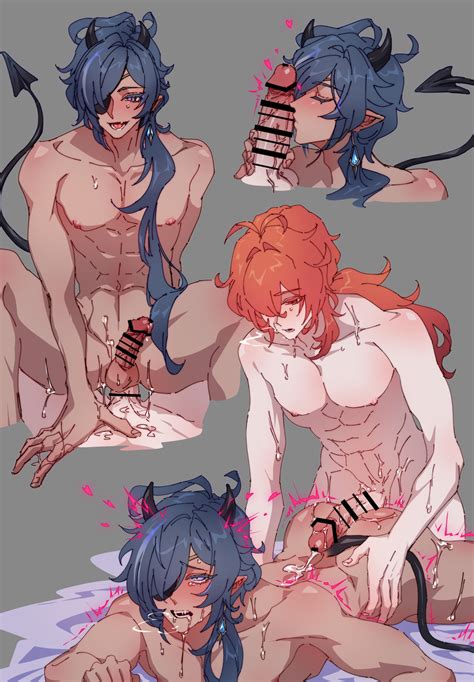 Rule 34 Anal Anal Sex Blue Hair Cum Diluc Genshin Impact Drooling Earrings Eyes Rolling Back