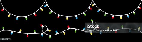 크리스마스 조명 화려한 문자열 요정 라이트 세트 만화 휴일 축제 축제 자마 장식 전구 빛나는 화환 무지개 색 원뿔 모양입니다 플랫 디자인 격리 검은 색 배경 갈란드 장식품에