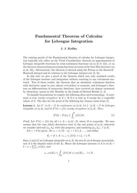 Pdf A Fundamental Theorem Of Calculus For Lebesgue Integration