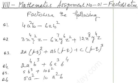 Cbse Class 8 Mathematics Factorisation Assignment Set I
