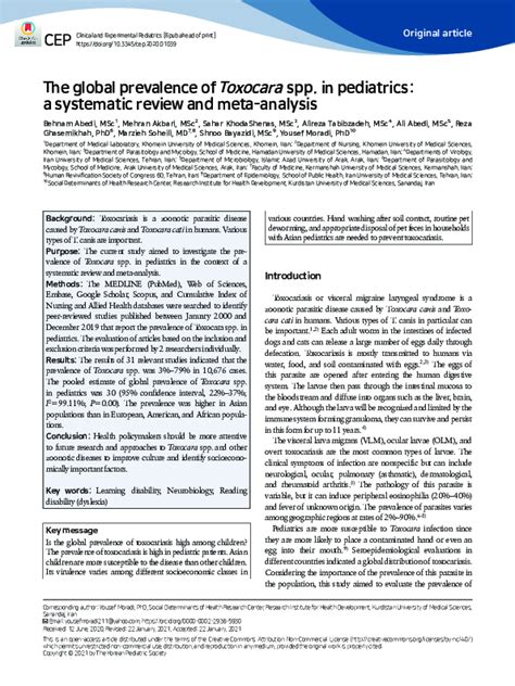 Pdf The Global Prevalence Of Toxocara Spp In Pediatrics A Systematic Review And Meta Analysis