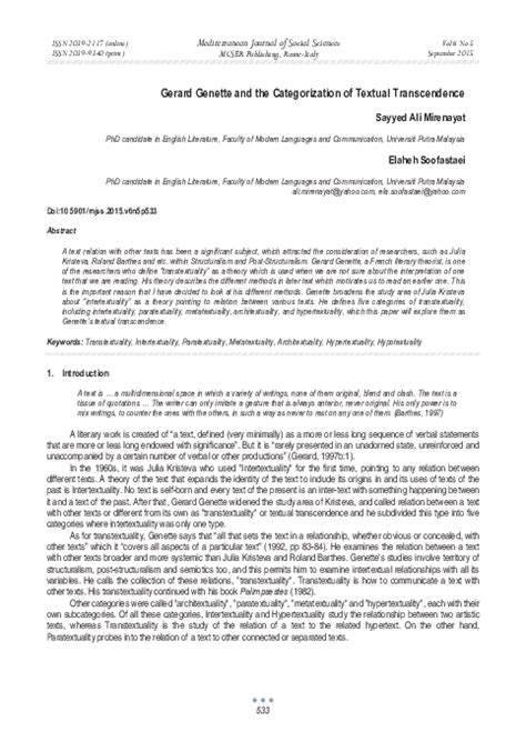 Pdf Gerard Genette And The Categorization Of Textual Transcendence