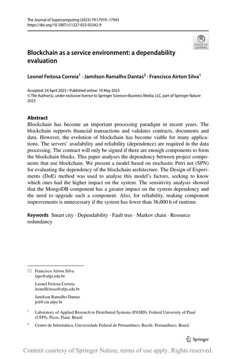 Blockchain As A Service Environment A Dependability Evaluation Request Pdf