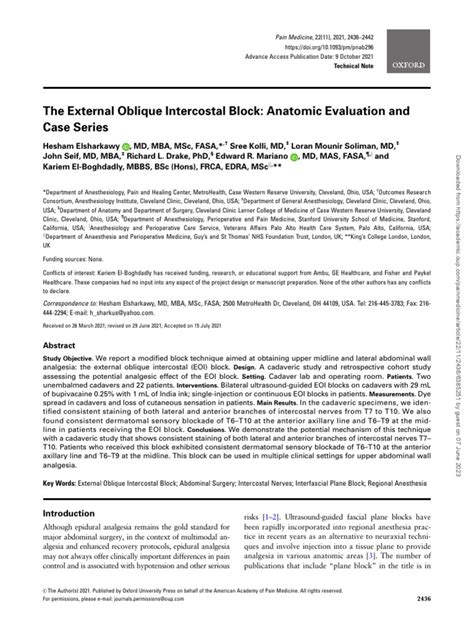 Elsharkawy 2021 The External Oblique Intercostal Block Anatomic Evaluation And Case Series