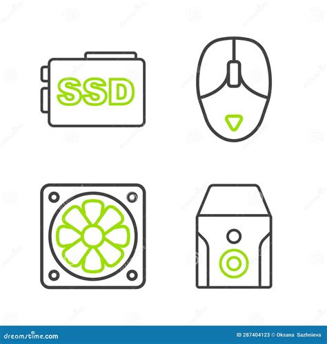 Set Line Uninterruptible Power Supply Computer Cooler Mouse And Ssd Card Icon Vector Stock