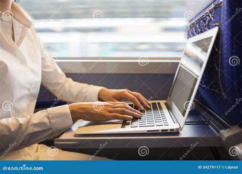 Close Up Woman Hands Typing On A Laptop Keyboard In The Train Stock Image Image Of Modern